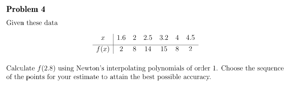 Solved Problem 4 ﻿Given these data Calculate \( ﻿f(2.8) \) | Chegg.com