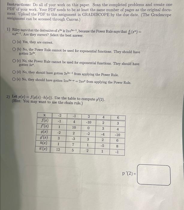 Solved Instructions: Do all of your work on this paper. Scan | Chegg.com
