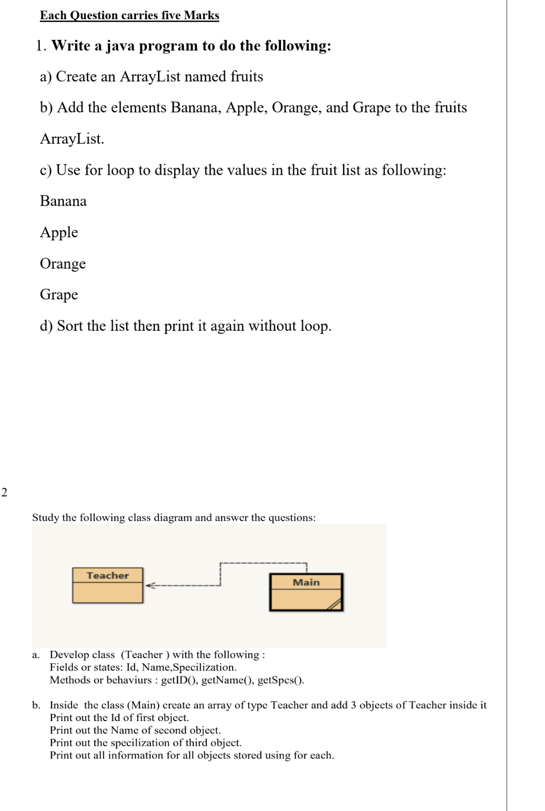 Solved Each Question carries five Marks 1. Write a java | Chegg.com