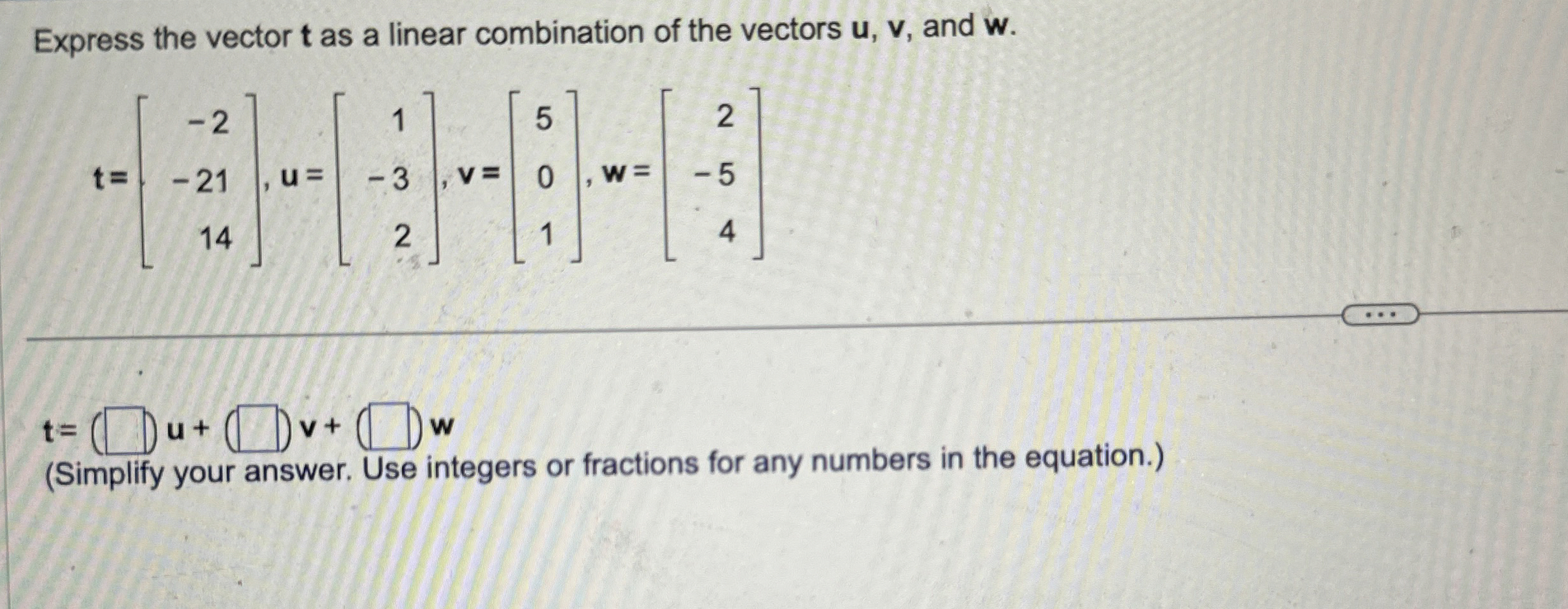 Solved Express the vector t ﻿as a linear combination of the | Chegg.com