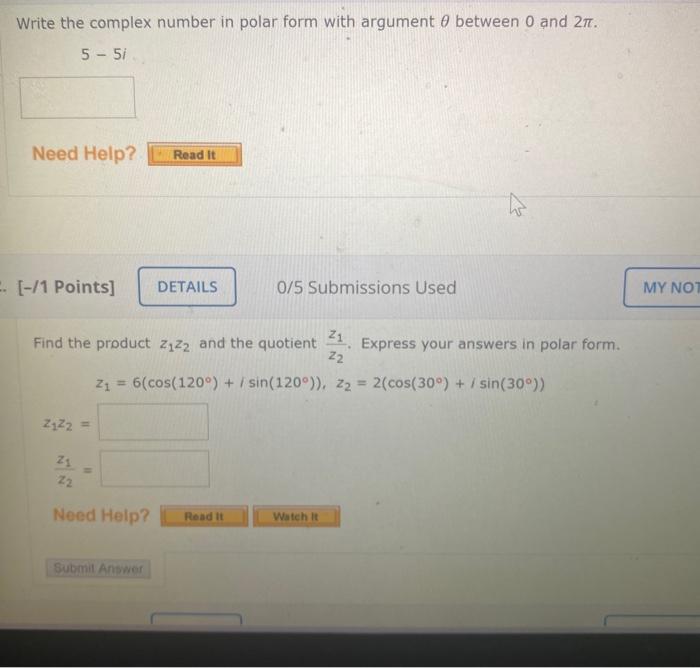 Solved Write the complex number in polar form with argument | Chegg.com