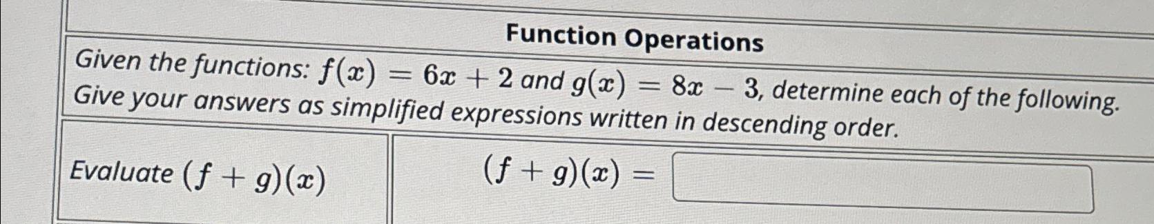 Solved Function OperationsGiven the functions: f(x)=6x+2 | Chegg.com