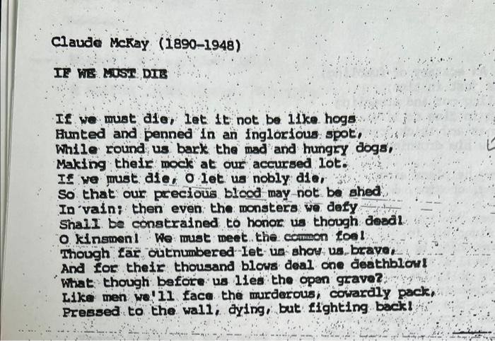 claude Mckay (1890-1948) IE WE MOST DIB If we must | Chegg.com