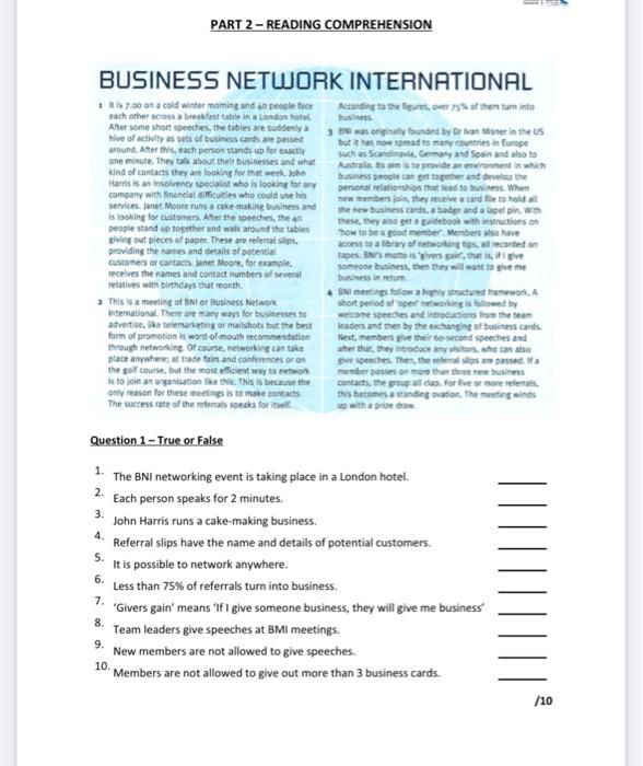 Solved PART 2 - READING COMPREHENSION BUSINESS NETWORK | Chegg.com