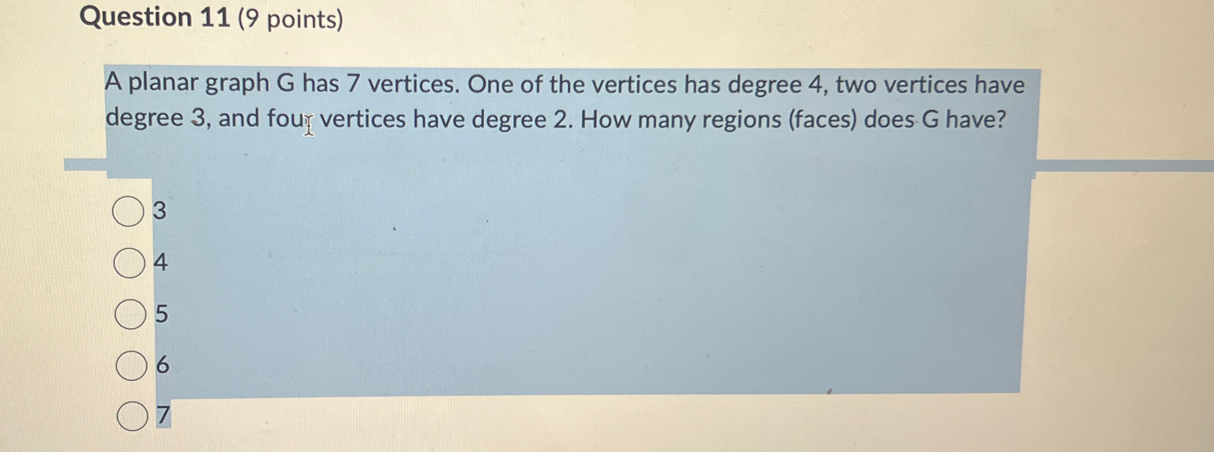 Solved Question 11 (9 ﻿points)A planar graph G ﻿has 7 | Chegg.com