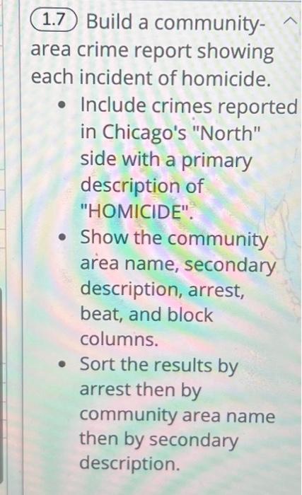Solved 1.7 Build a community- area crime report showing each | Chegg.com