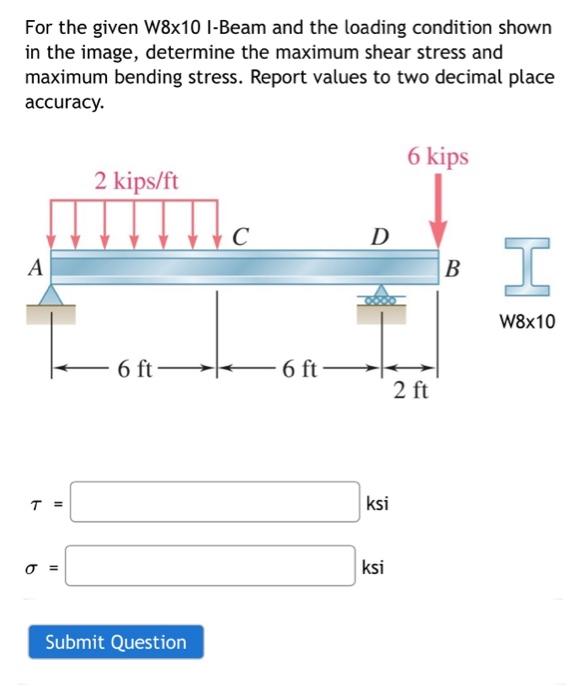 Solved For the given W8x10 I-Beam and the loading condition | Chegg.com
