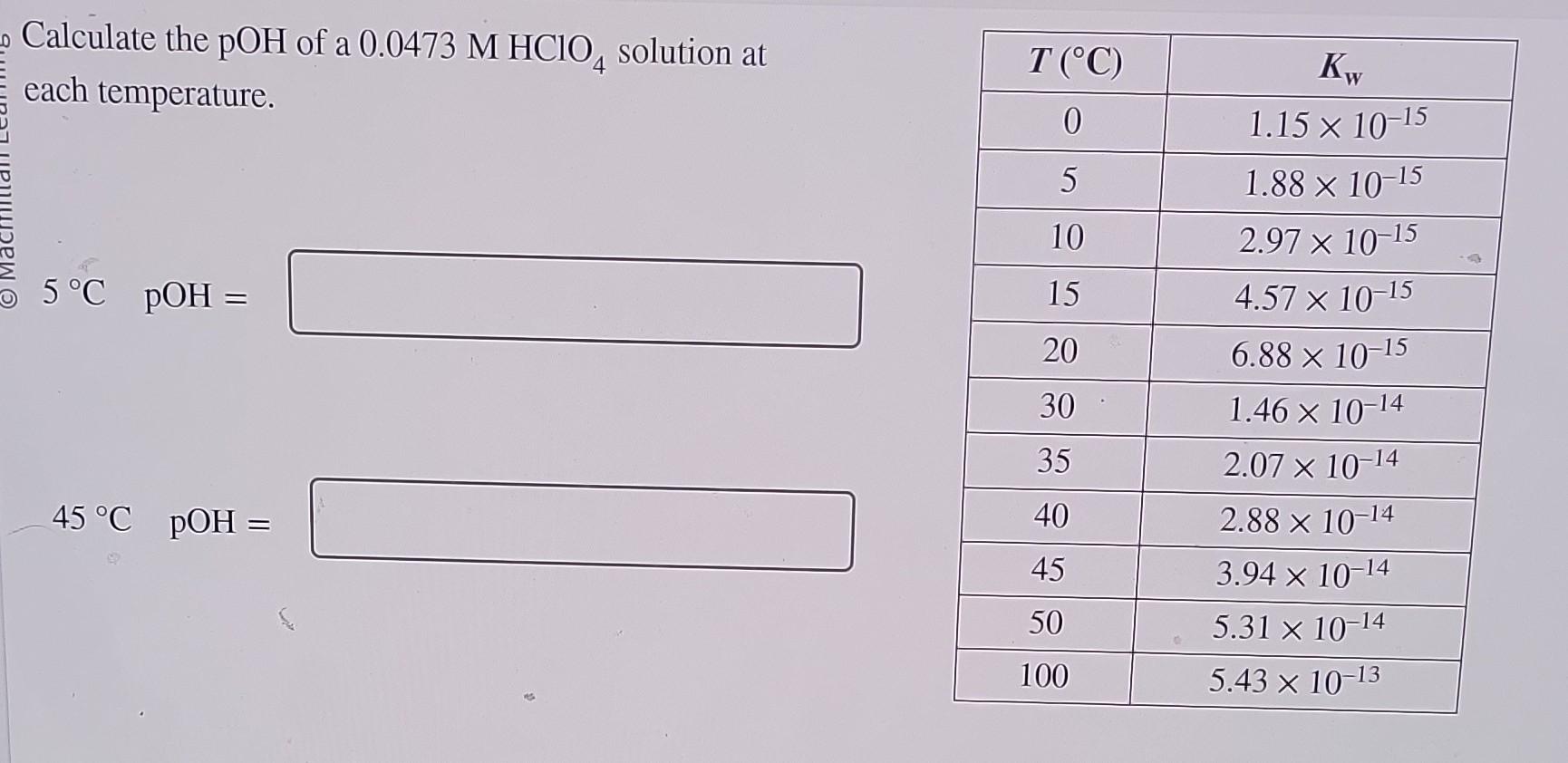 Solved Calculate the pOH of a 0.0473MHClO4 solution at each | Chegg.com