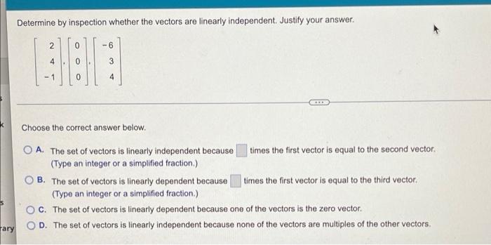 Solved Determine by inspection whether the vectors are | Chegg.com