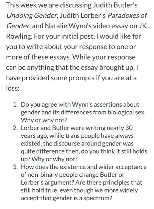 This week we are discussing Judith Butler's Undoing | Chegg.com