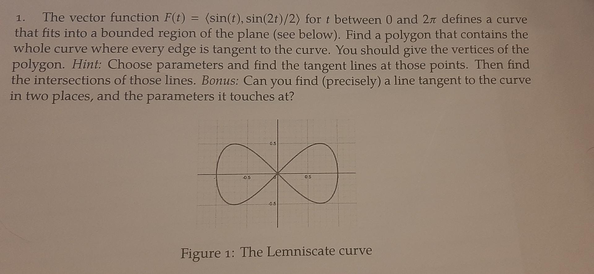 Solved 1. The vector function F(t)= sin(t),sin(2t)/2 for t | Chegg.com