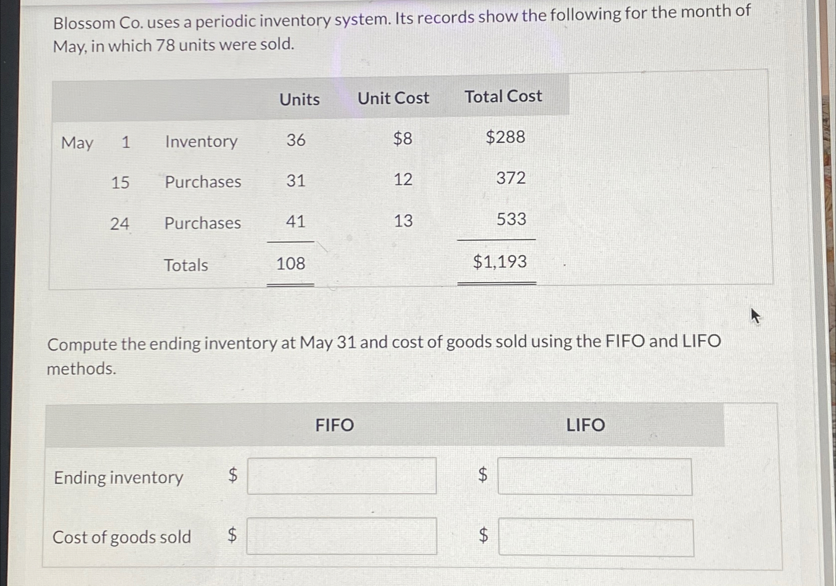 Solved Blossom Co. ﻿uses a periodic inventory system. Its | Chegg.com
