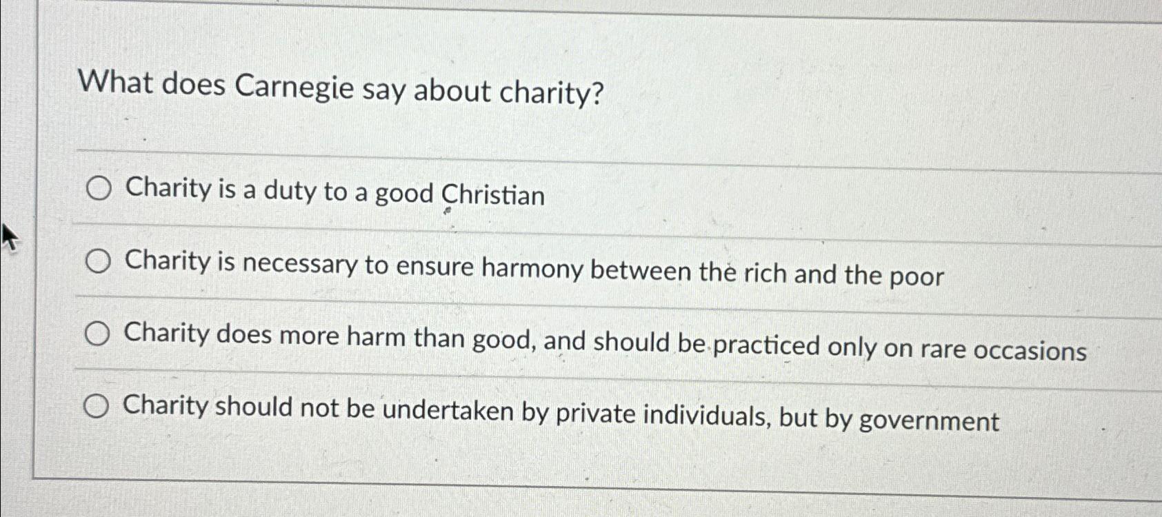 Solved What does Carnegie say about charity?Charity is a | Chegg.com