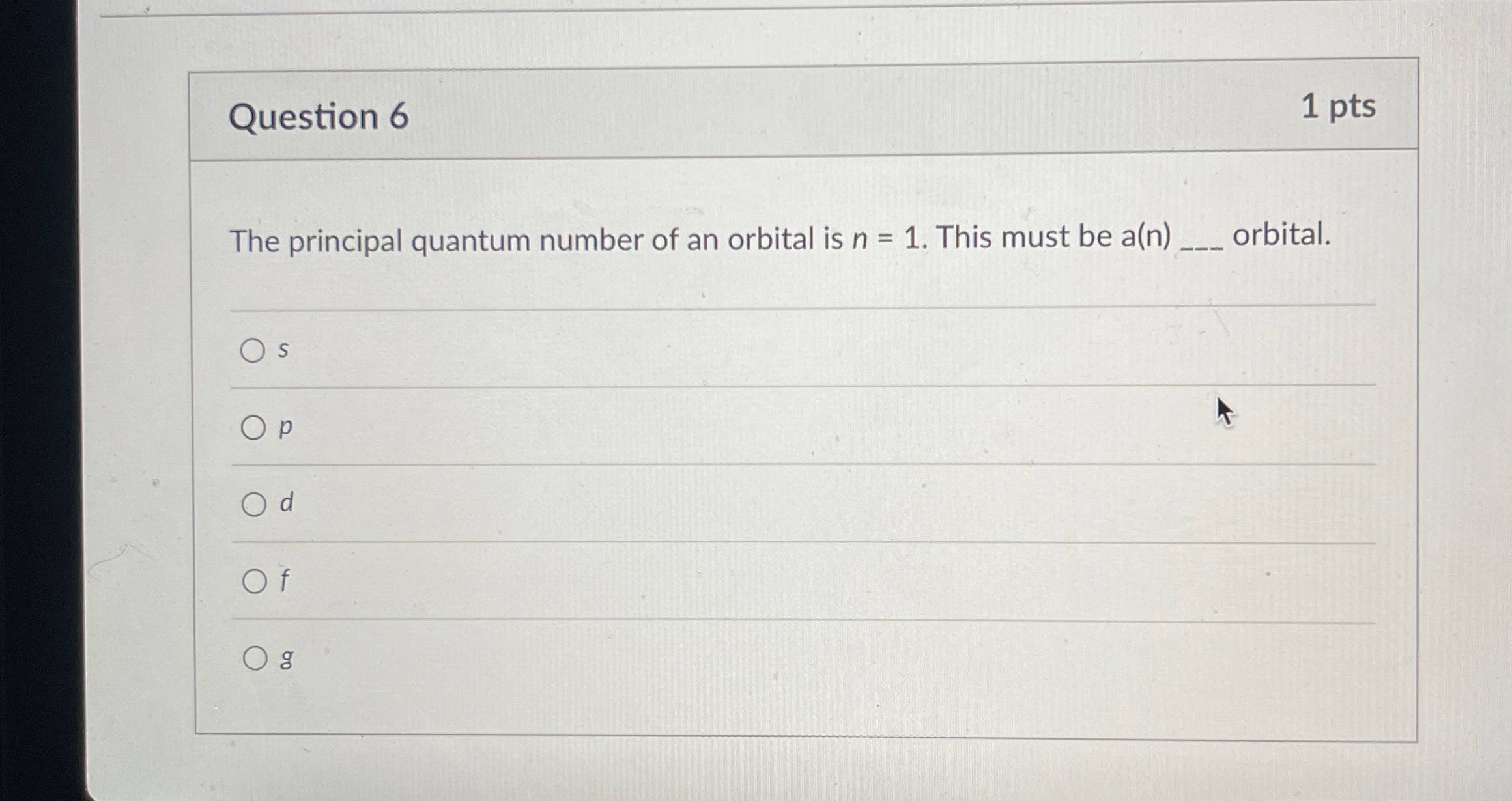 Solved Question 61 ﻿ptsThe principal quantum number of an | Chegg.com