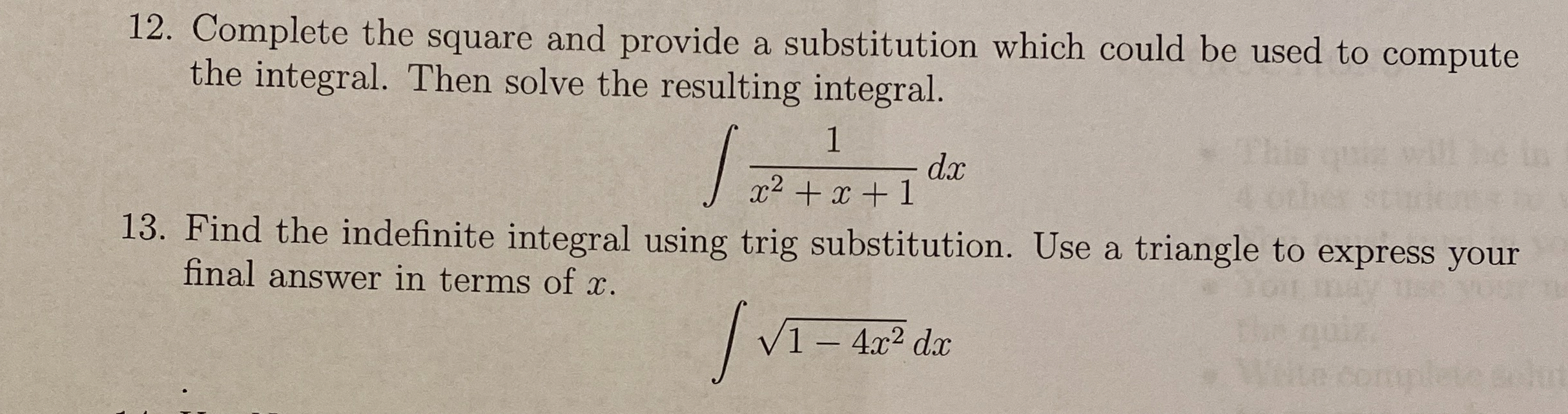 Solved Complete the square and provide a substitution which | Chegg.com