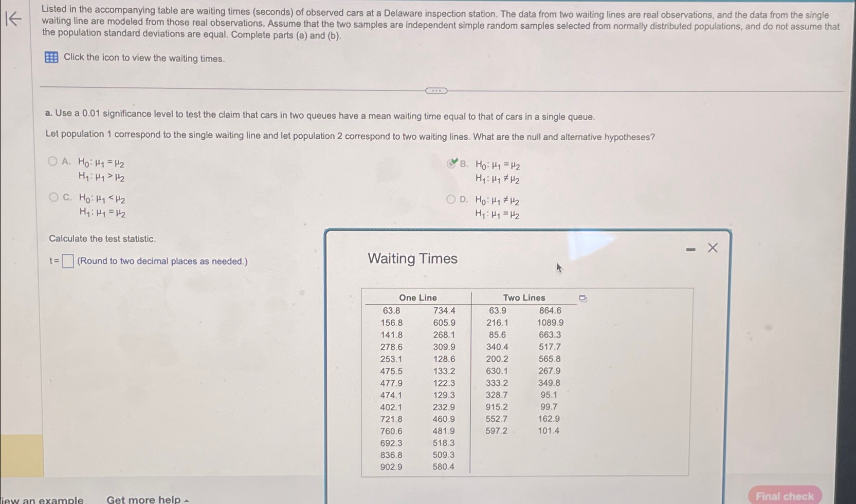 Solved Listed in the accompanying table are waiting times | Chegg.com