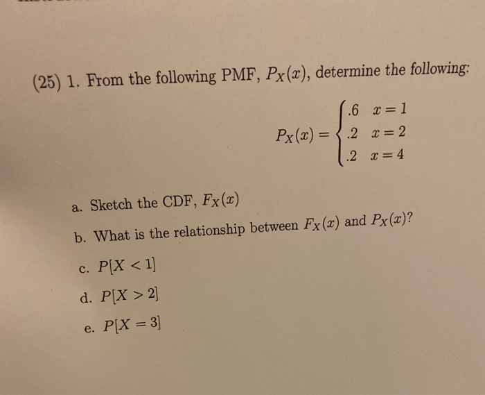 Solved (25) 1. From the following PMF, Px(x), determine the | Chegg.com