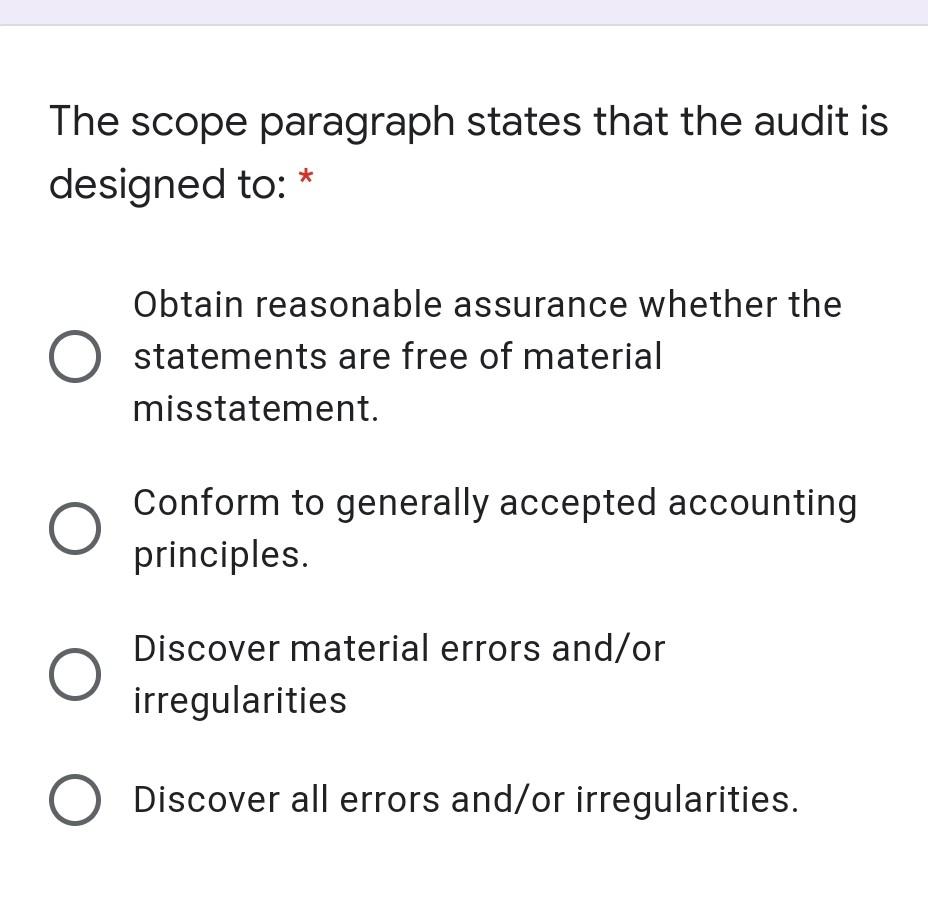 Solved The scope paragraph states that the audit is designed | Chegg.com