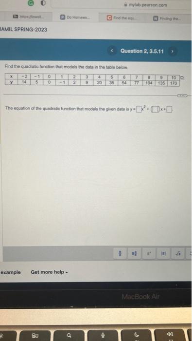 Solved Find the quadratic function that modols the data in | Chegg.com