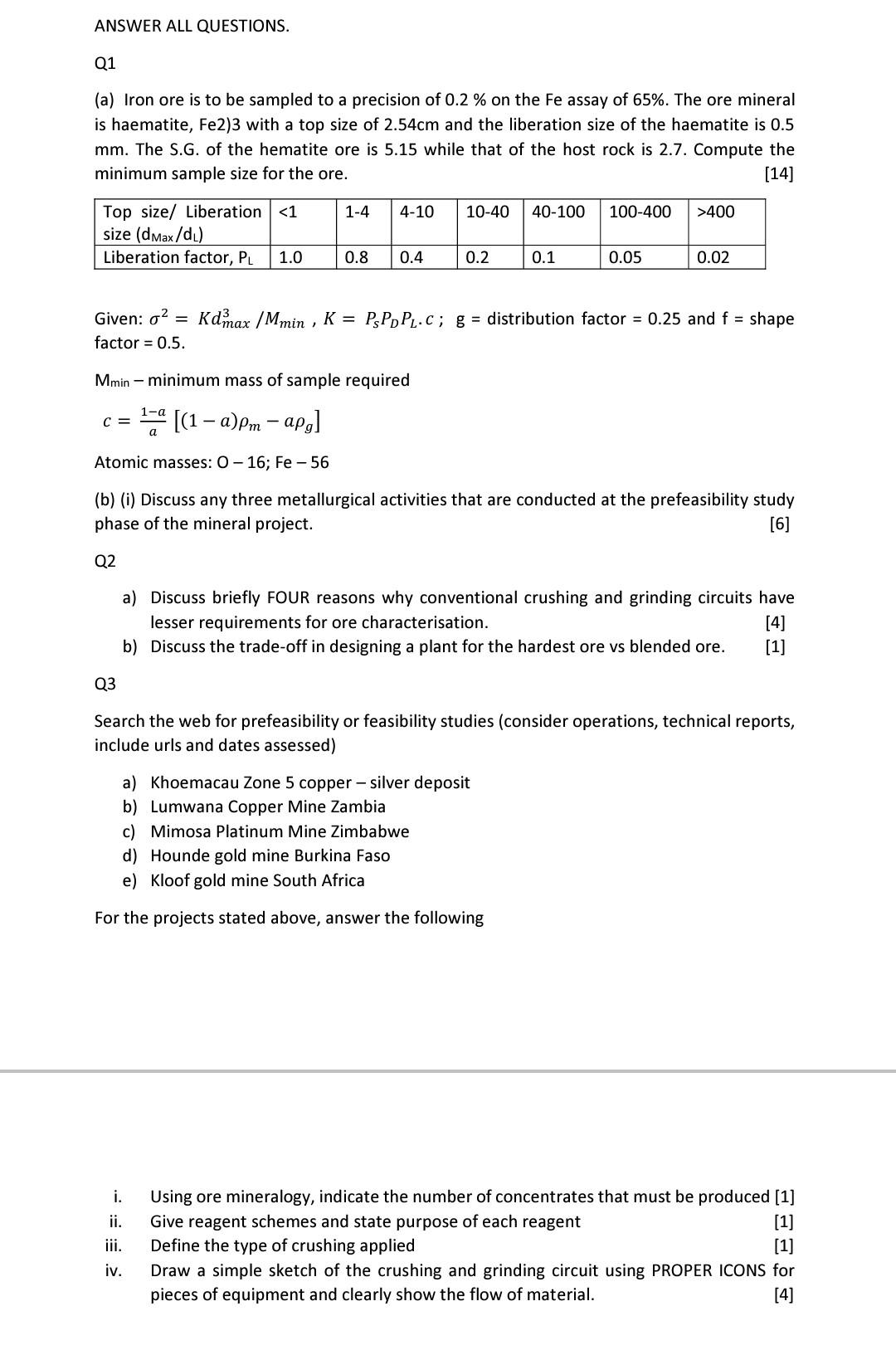 Solved ANSWER ALL QUESTIONS. Q1 (a) Iron ore is to be | Chegg.com