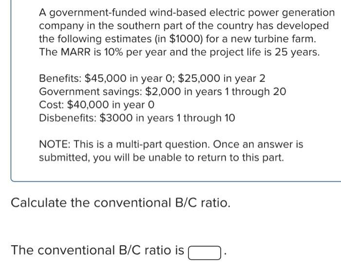 Solved A government-funded wind-based electric power | Chegg.com