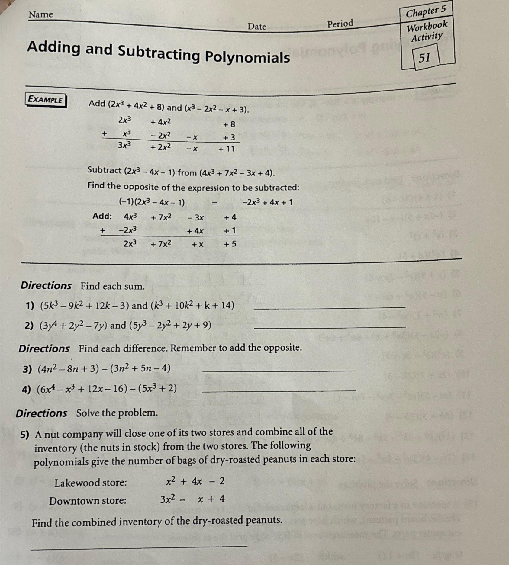 Solved NameDateChapter 5WorkbookAdding and Subtracting | Chegg.com