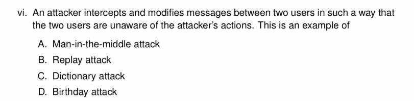 Solved vi. An attacker intercepts and modifies messages | Chegg.com