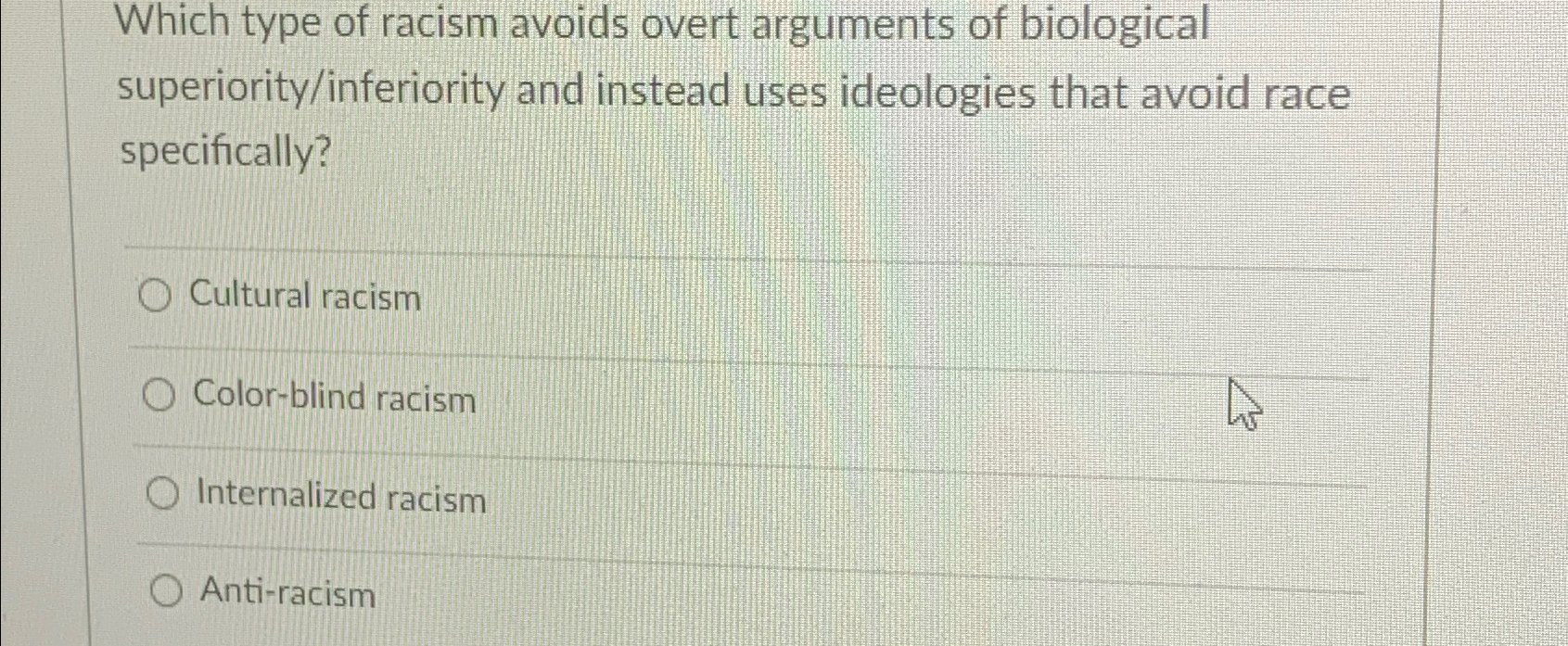 Solved Which type of racism avoids overt arguments of | Chegg.com