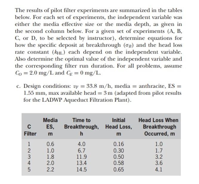 Solved The results of pilot filter experiments are | Chegg.com