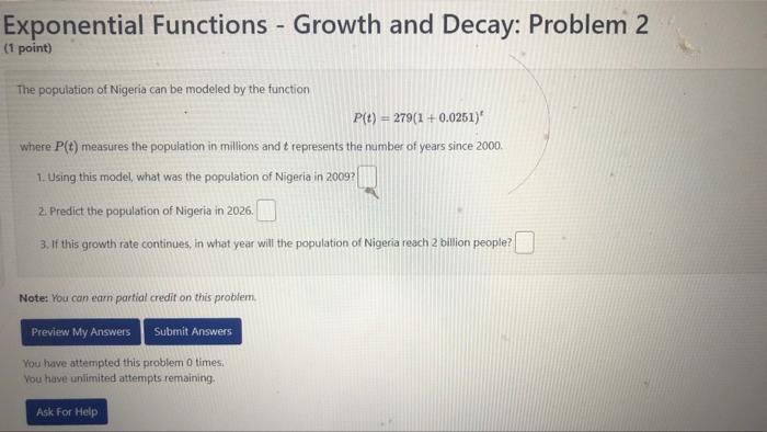Solved Exponential Functions - Growth and Decay: Problem 2 1 | Chegg.com
