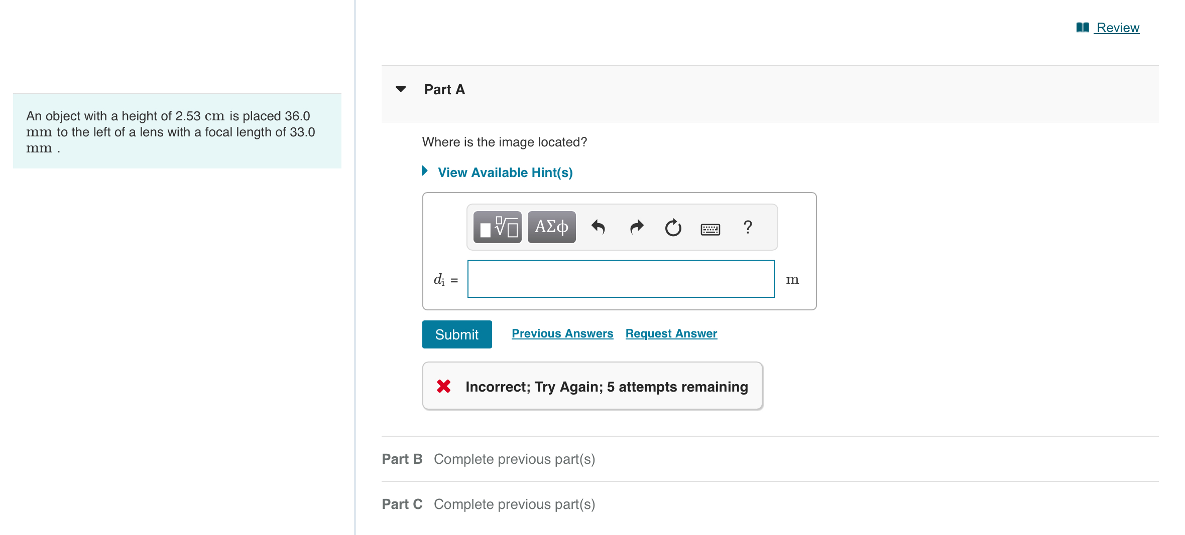 Solved Part AAn object with a height of 2.53cm ﻿is placed | Chegg.com