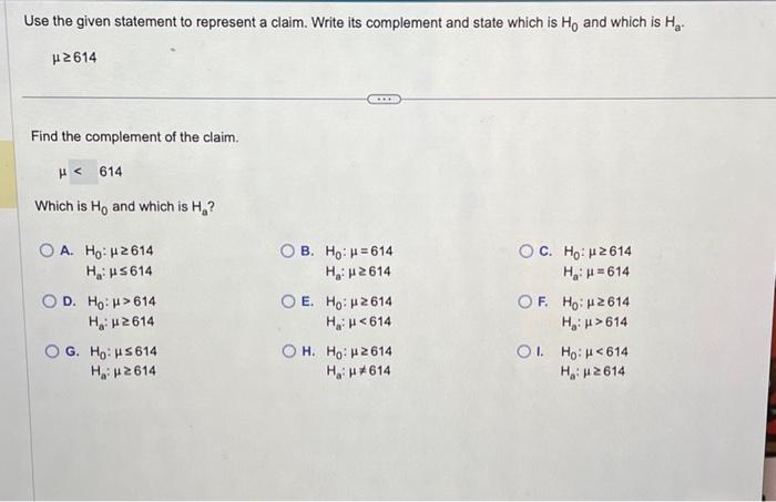 Solved Use the given statement to represent a claim. Write | Chegg.com