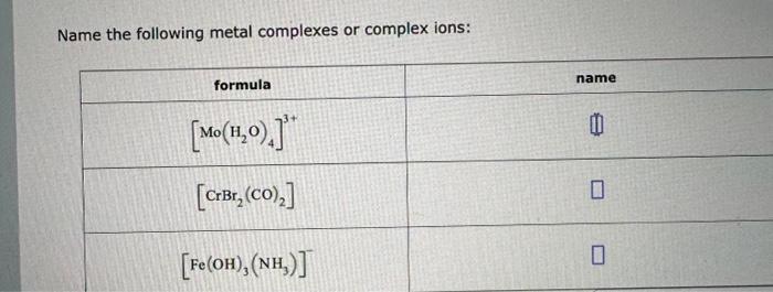 Solved Name the following metal complexes or complex ions: | Chegg.com