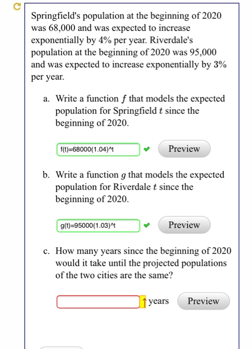 Solved Springfield's population at the beginning of 2020 was | Chegg.com