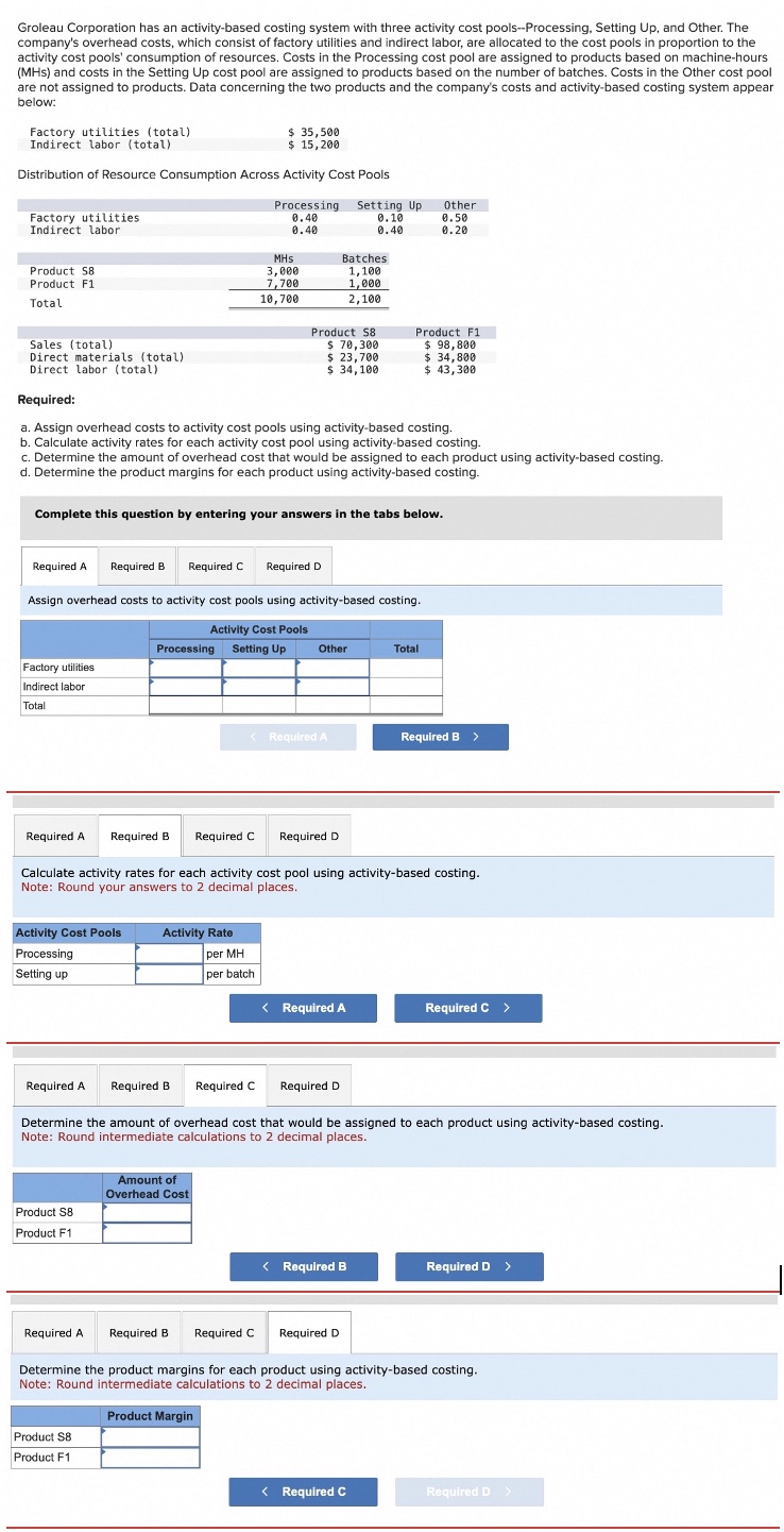 Solved Groleau Corporation has an activity-based costing | Chegg.com
