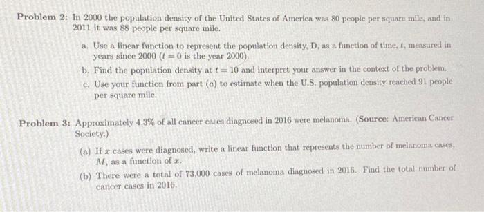 Solved Problem 2: In 2000 the population density of the | Chegg.com