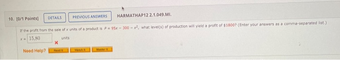 Solved DETAILS 10. (0/1 Points) PREVIOUS ANSWERS HARMATHAP12 | Chegg.com
