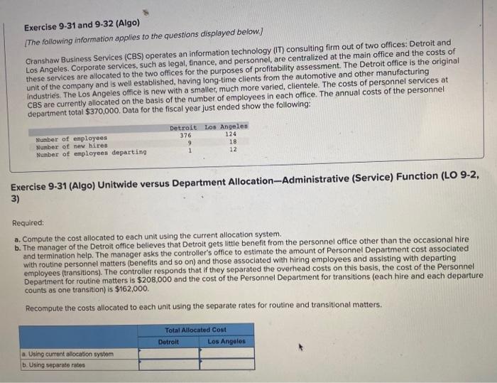 Solved Exercise 9−31 and 9−32 (Algo) [The following | Chegg.com