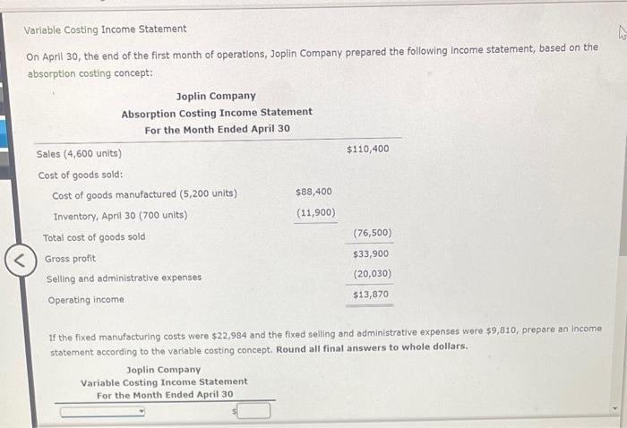 Solved Variable Costing Income Statement On April 30, the | Chegg.com