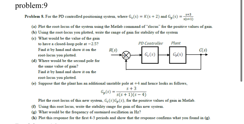 Solved problem:9Problem 8. ﻿For the PD controlled | Chegg.com