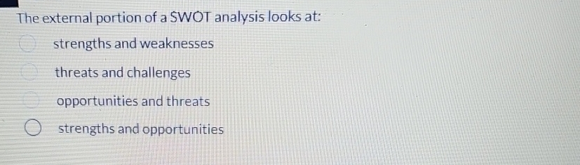 Solved The external portion of a SWOT analysis looks | Chegg.com