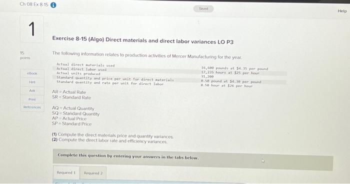 Solved Exercise 8-15 (Algo) Direct materials and direct | Chegg.com