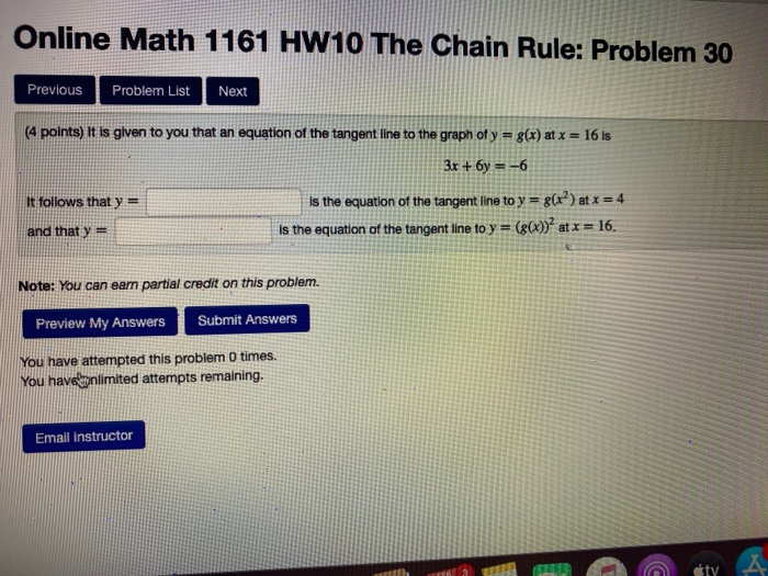 Solved Online Math 1161 HW10 The Chain Rule: Problem 30 | Chegg.com