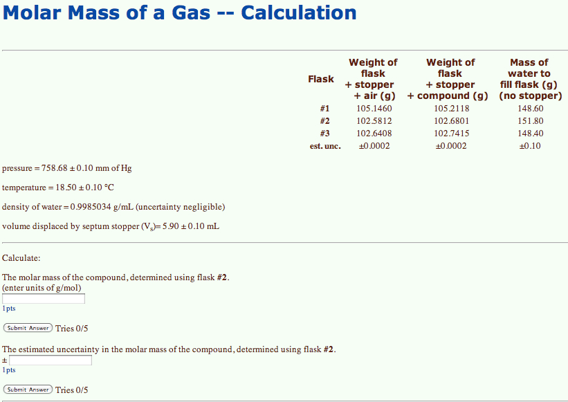 Solved Molar Mass of a Gas -- Calculation | Chegg.com