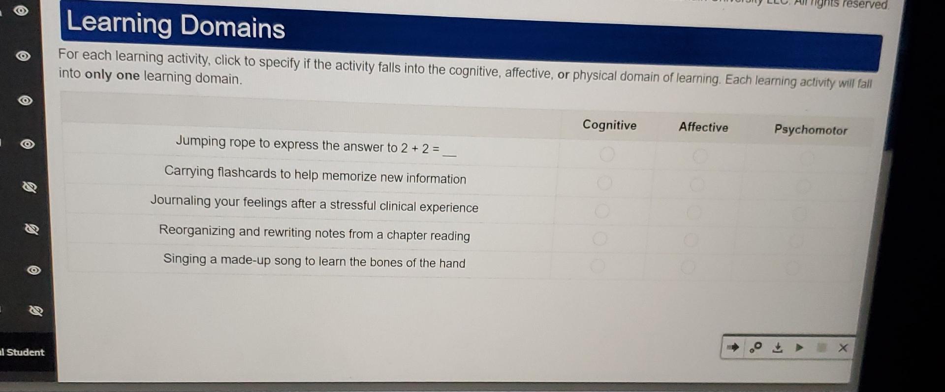 Solved Learning DomainsFor each learning activity, click to | Chegg.com