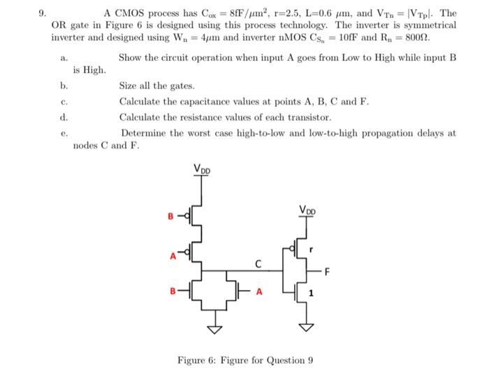 Solved 9. a. A CMOS process has Cox = 8fF/ymº, r=2.5, L=0.6 | Chegg.com