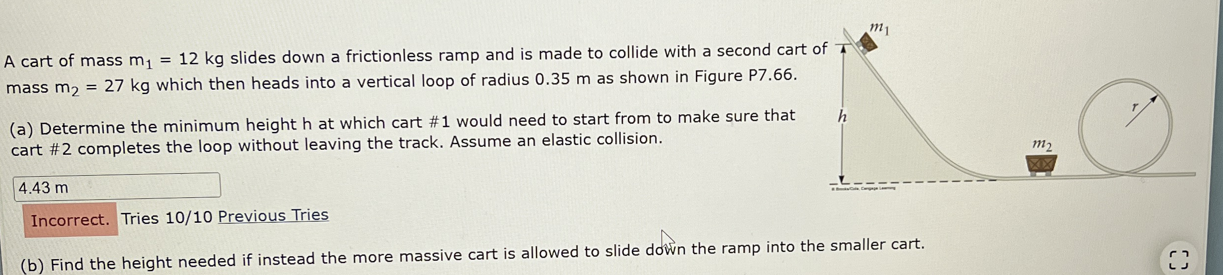 Solved A cart of mass m1=12kg ﻿slides down a frictionless | Chegg.com