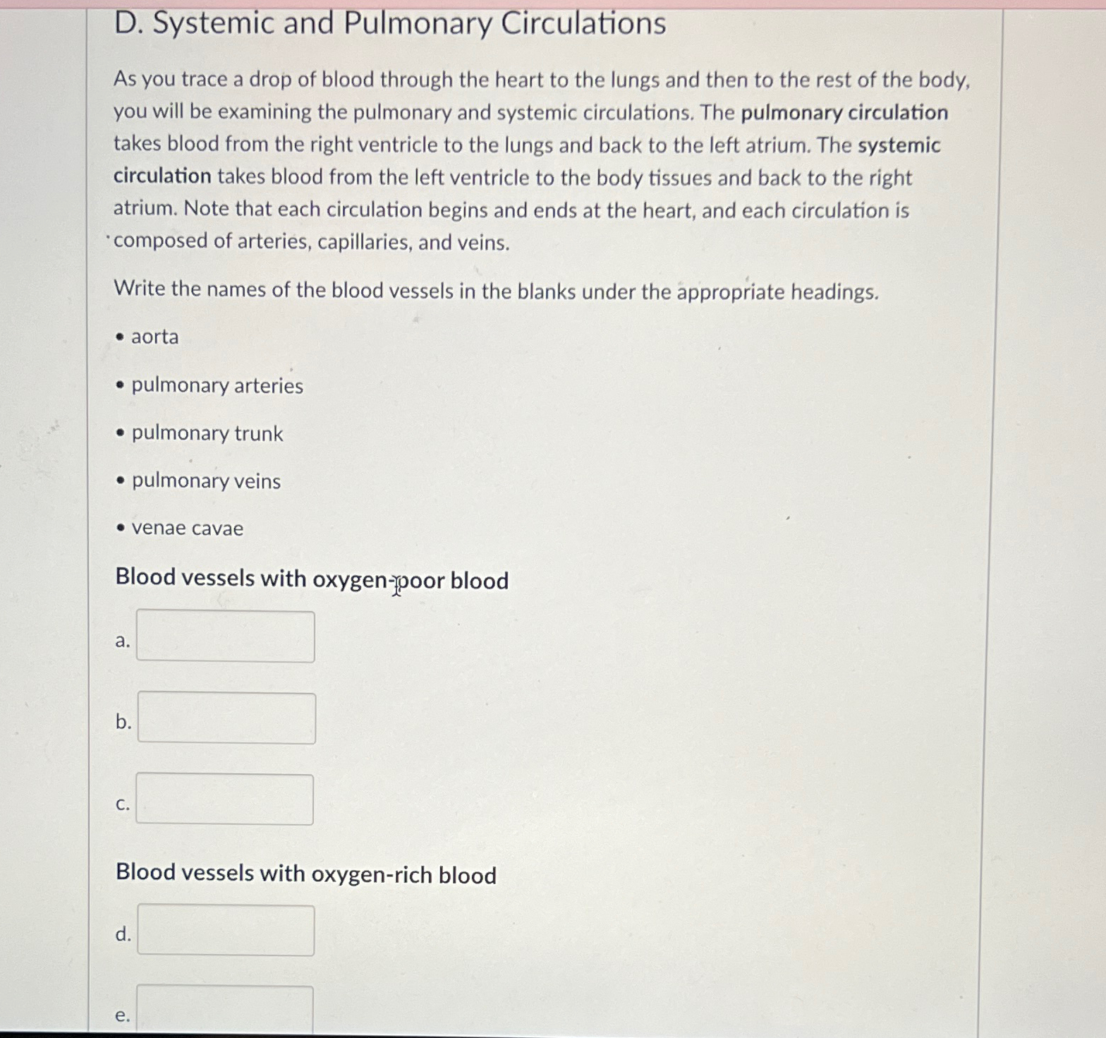 Solved D. ﻿Systemic and Pulmonary CirculationsAs you trace a | Chegg.com