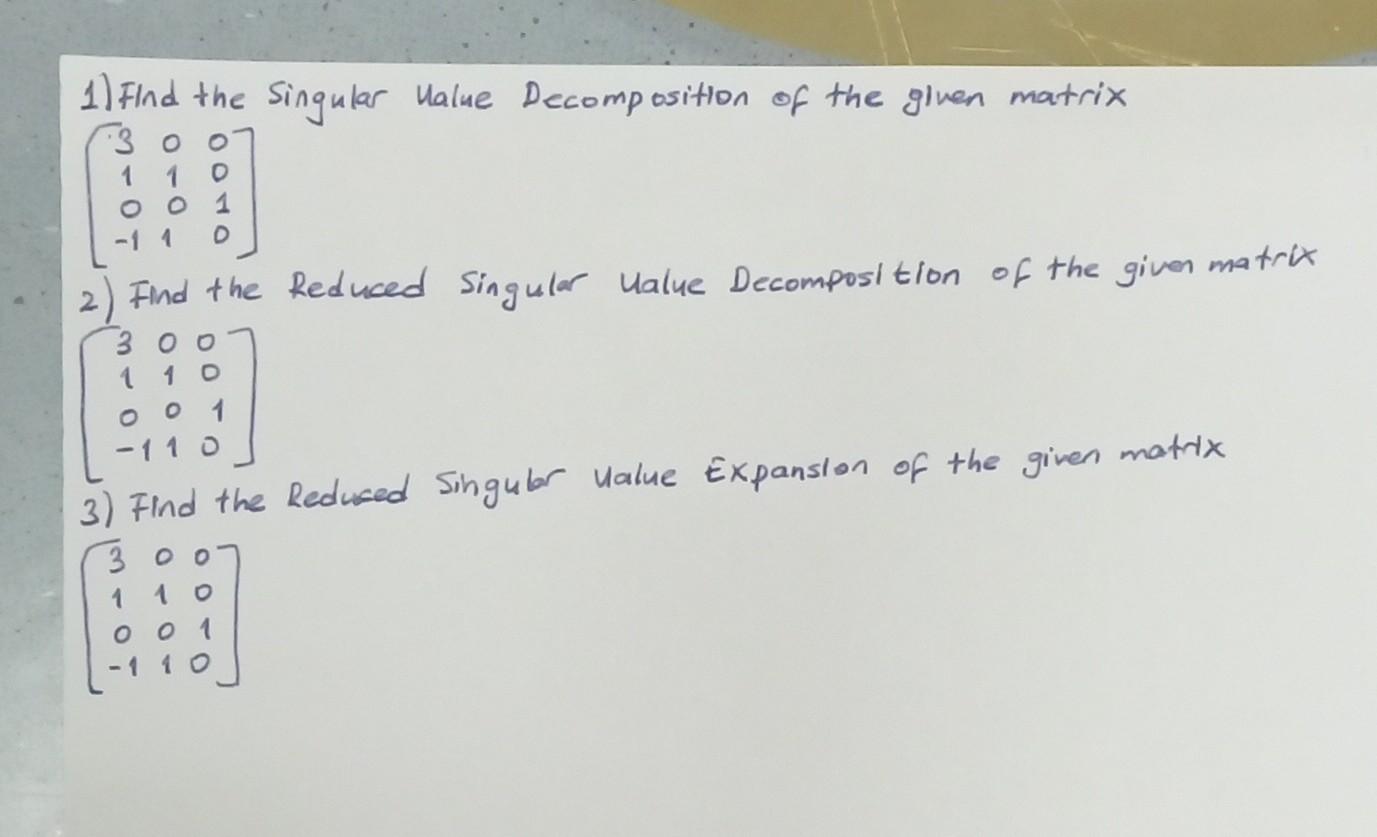 Solved 1) Find the Singular Ualue Decomposition of the given | Chegg.com