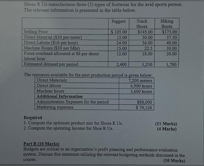 Solved Shoes R Us manufactures three (3) types of footwear | Chegg.com